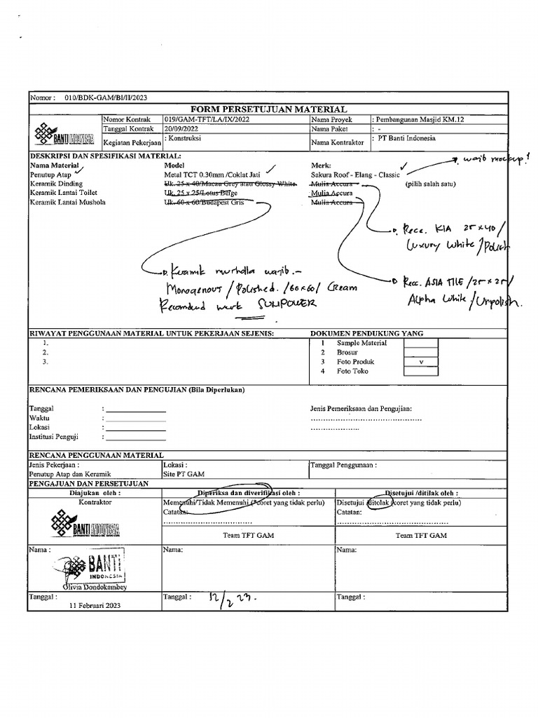 4.form Persetujuan Matrial Atap Dan Keramik (Banti) - Not Aproove | PDF