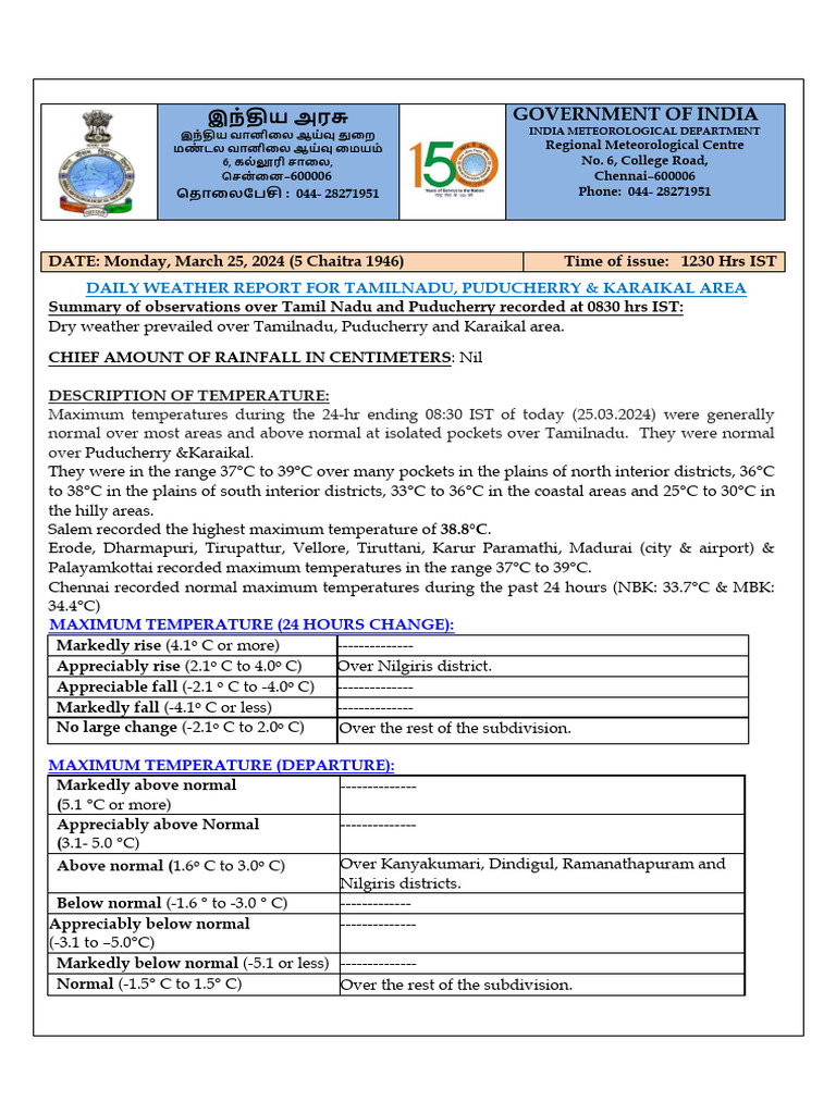 Daily Weather Report | PDF | Tamil Nadu | Weather