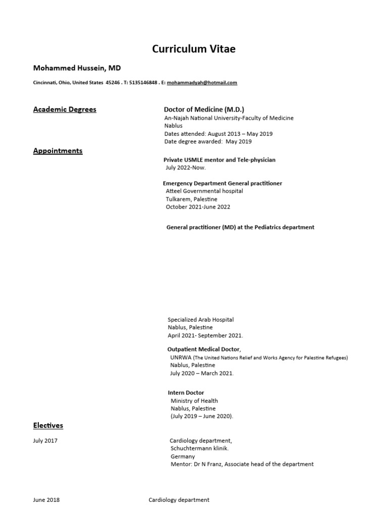 Mohammed Hussein's MD/PhD CV | PDF | Doctor Of Medicine | Medical School