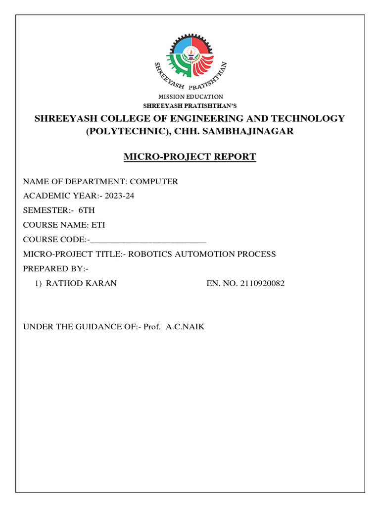 Shreeyash College of Engineering and Technology (Polytechnic), Chh. Sambhajinagar Micro-Project ...