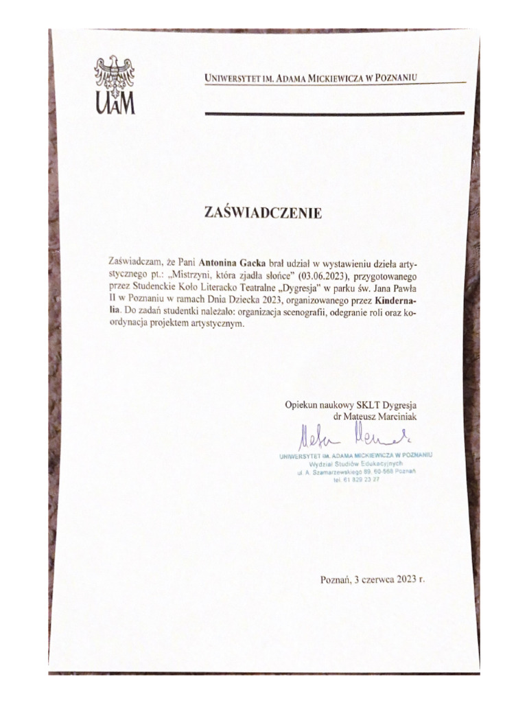 Zaswiadczenie 1 | PDF