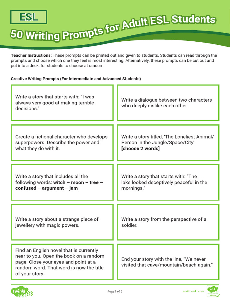 Writing Prompts For Adult Esl Students - Ver - 1 | PDF | English As A ...