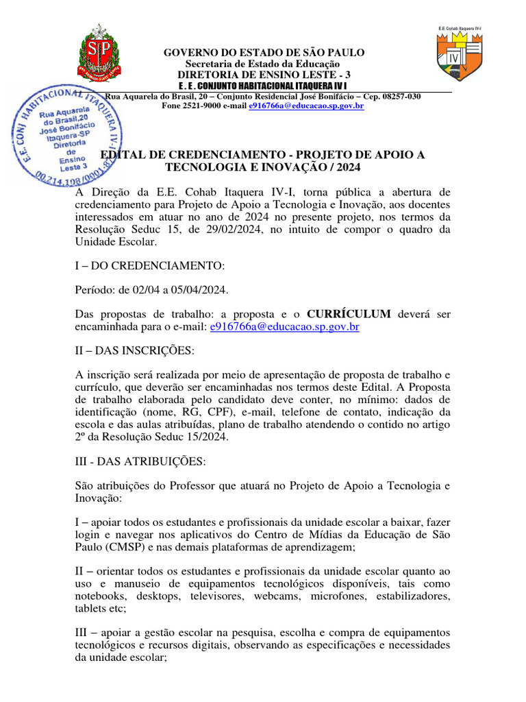 Edital Professor Proatec e e Cohab Itaquera IV I 2024 Abril | PDF Edital Professor Proatec e e Cohab Itaquera IV I 2024 Abril | PDF
