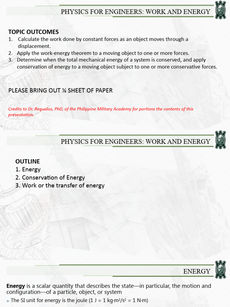 Physics For Engineers, Work and Energy | PDF | Potential Energy | Force