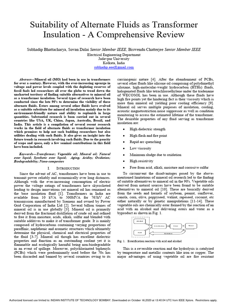 Suitability of Alternate Fluids As Transformer Insulation - A ...