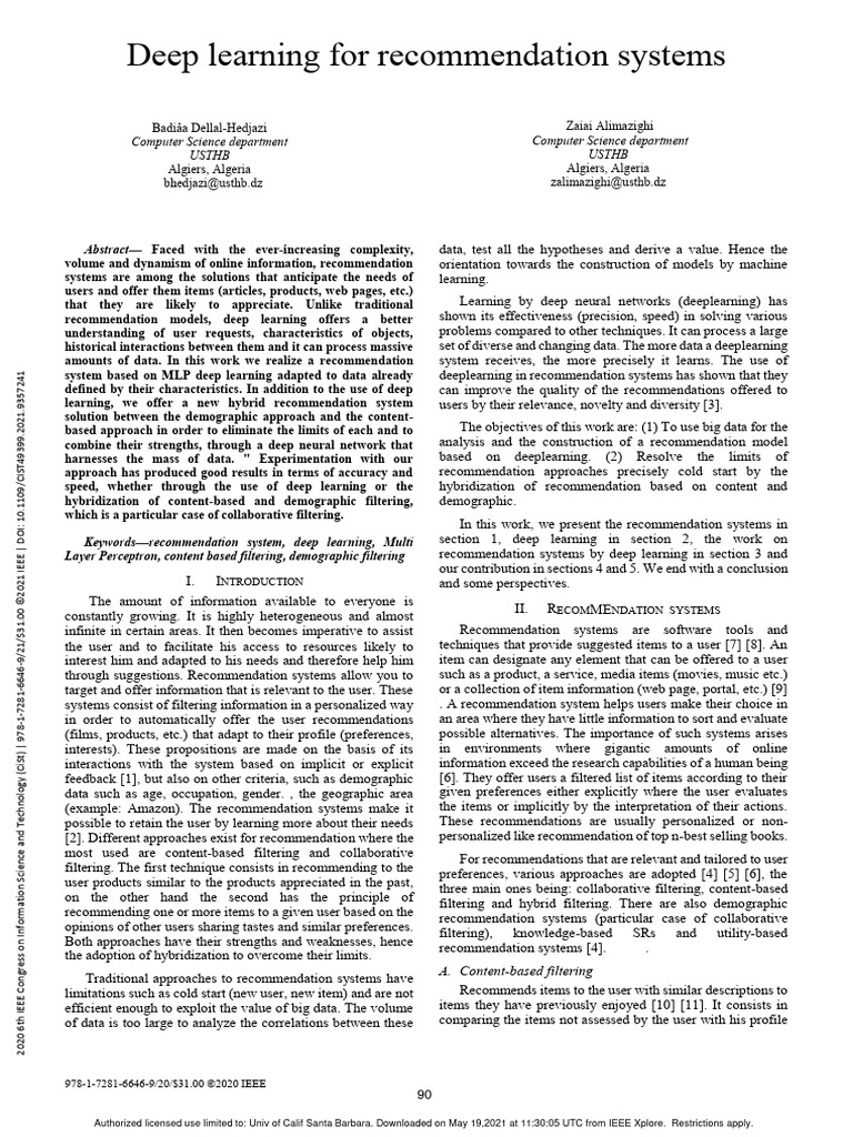 Deep Learning For Recommendation System | PDF | Artificial Neural ...