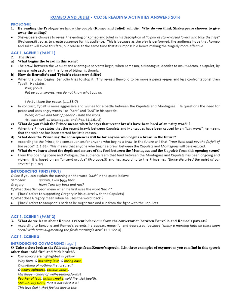 Romeo and Juliet Close Reading Answers | PDF | Characters In Romeo And ...