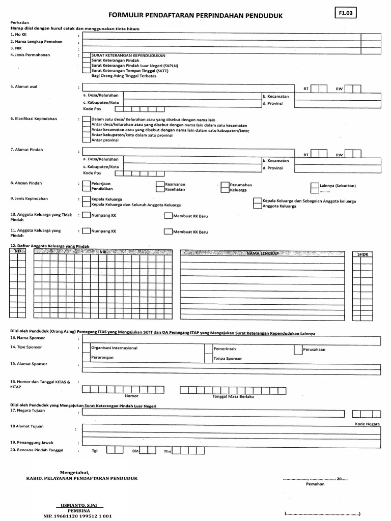 f1.03 Formulir Pendaftaran Perpindahan Penduduk | PDF