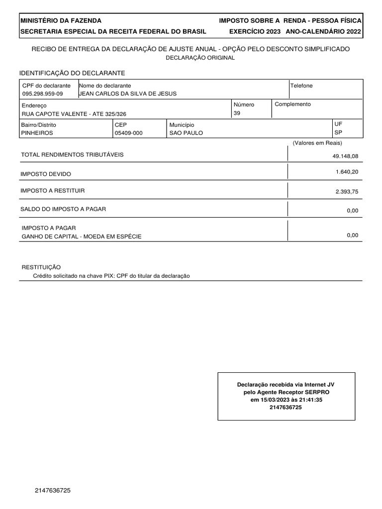 Recibo de Declaração IRPF 2023 | PDF | Imposto de Renda | Impostos