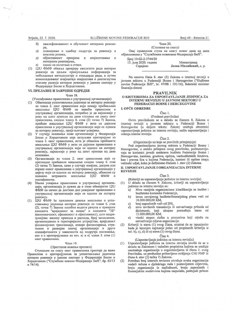 Pravilnik o Kriterijima Za Uspostavljanje JIR U Javnom Sektoru U FBiH ... Pravilnik o Kriterijima Za Uspostavljanje JIR U Javnom Sektoru U FBiH ...