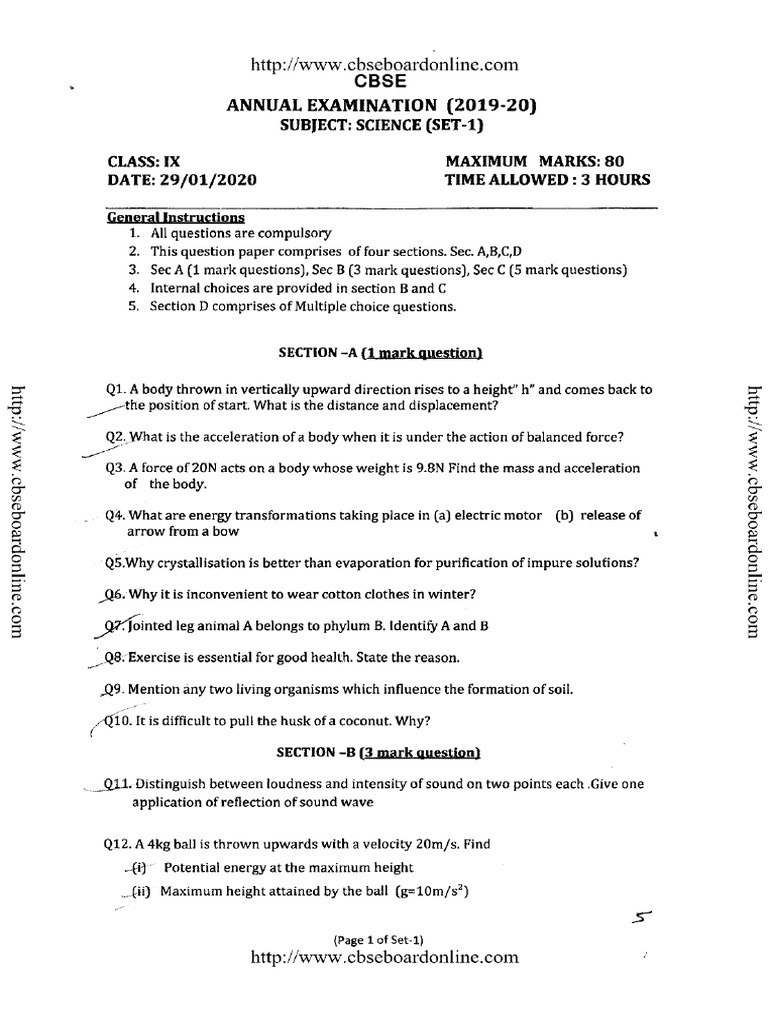 Cbse Class 9 Science Set 1 2020 | PDF