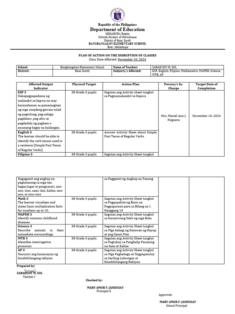 Action Plan On Disruption of Classes Nov.10,2023 | PDF