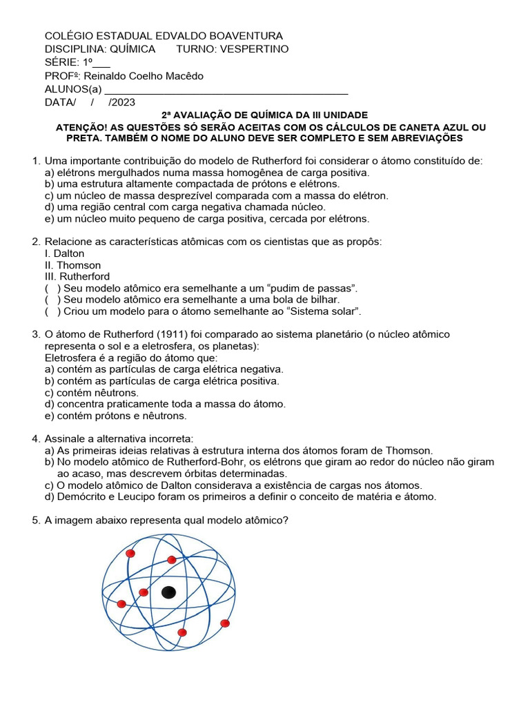 2 Avaliação De Química Da Iii Unidade 1º Ano 2023 Pdf Elétron