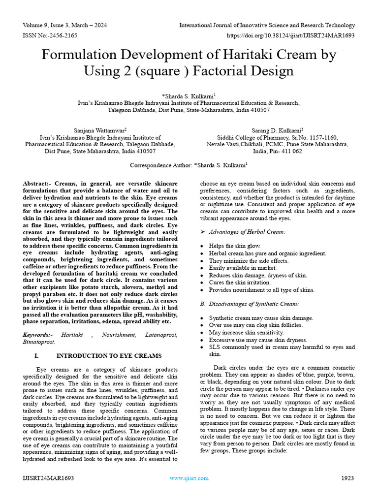 Formulation Development of Haritaki Cream by Using 2 (square ) Factorial Design | PDF | Starch ...