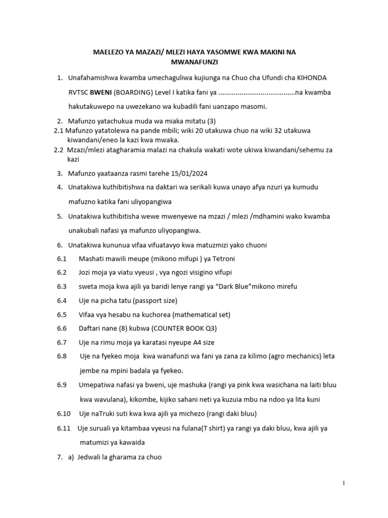 Kihonda RVTSC Joining Instructions | PDF