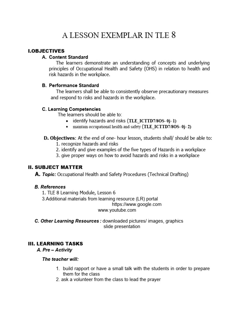 TLE 8 Lesson Exemplar COT 2 | PDF | Learning | Occupational Safety And ...