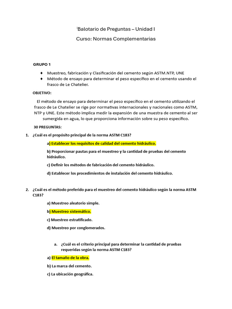 Balotario de Preguntas - NEC | PDF | Cemento | Muestreo (Estadísticas)