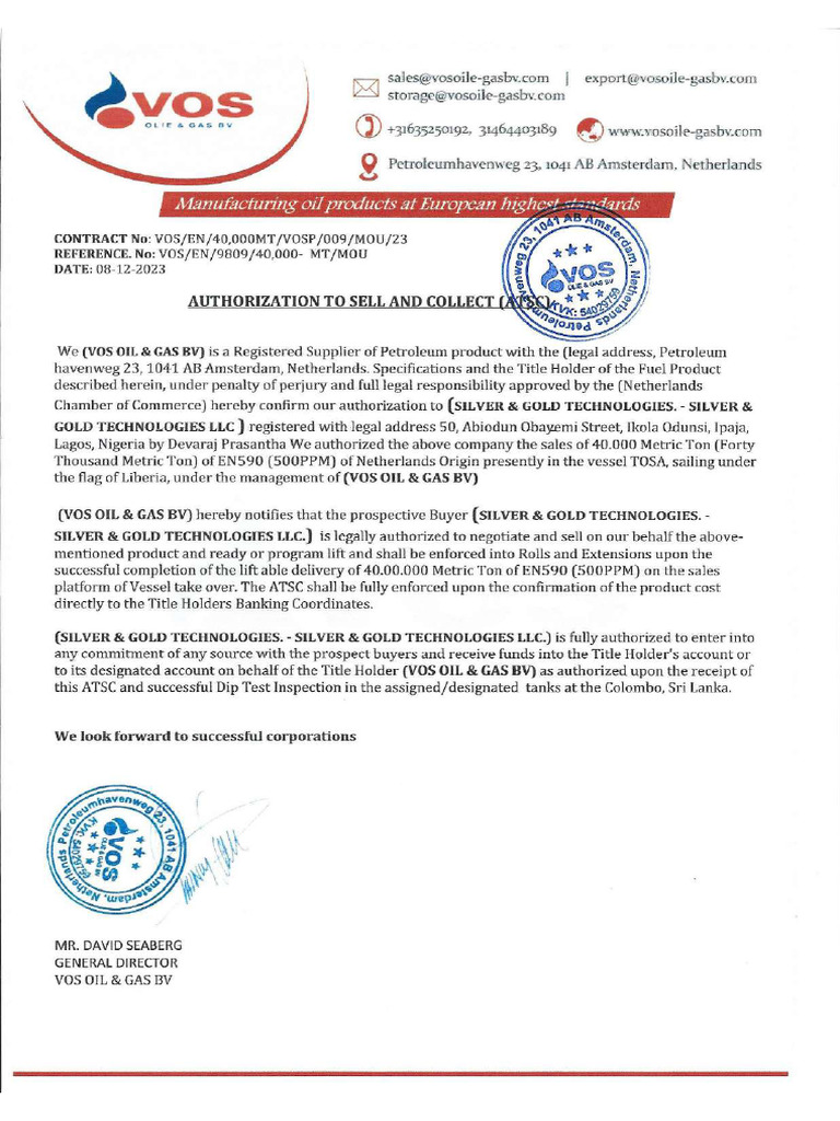 Authorization To Sell and Collect (Atsc) To Silver & Gold Technologies ...