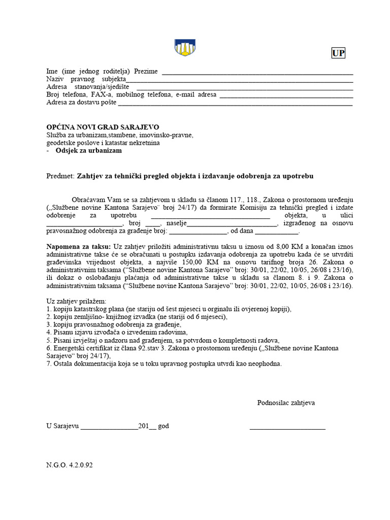 Zahtjev Za Tehnicki Pregled Objekta I Izdavanje Odobrenja Za Upotrebu UP | PDF