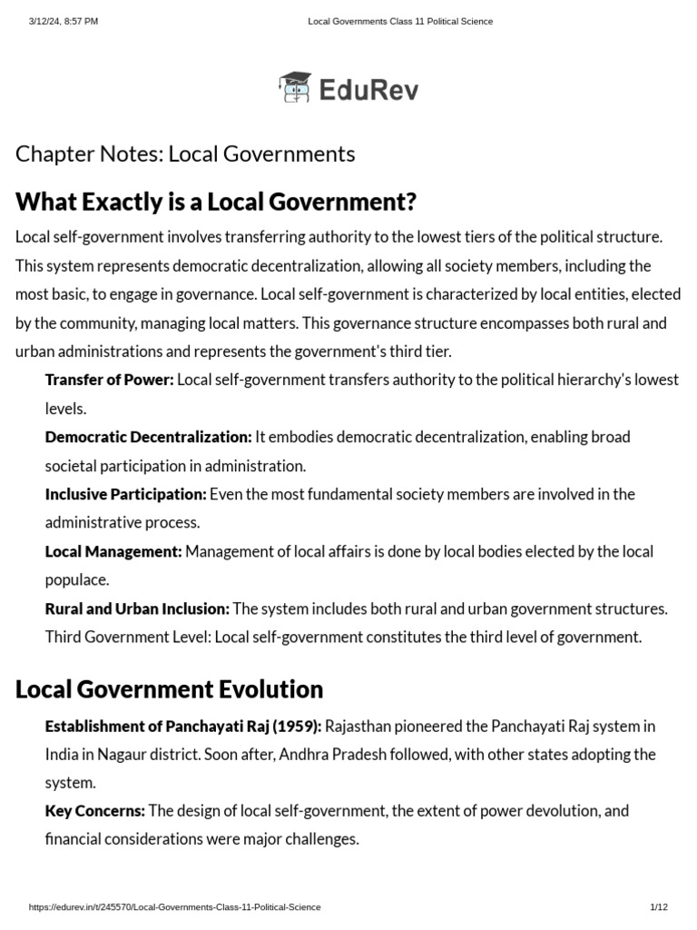 Local Governments Class 11 Political Science | PDF | Political Science ...