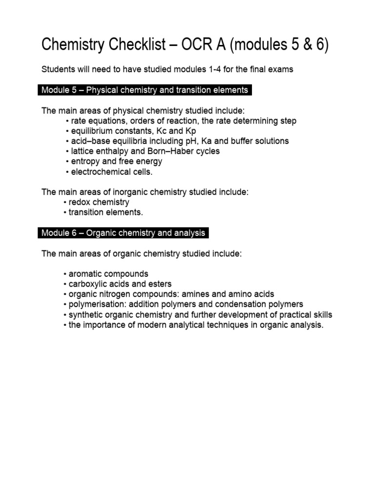 OCR A Alevel Chemistry Checklist Mod 5 6 | PDF | Acid | Ester