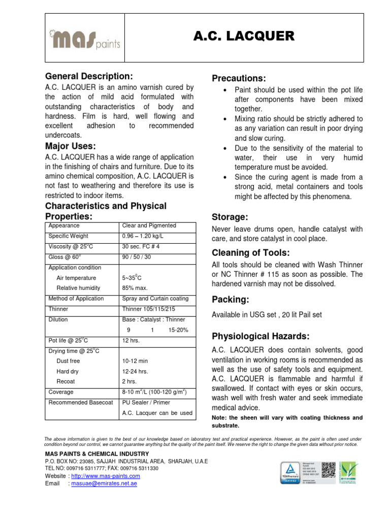 Ac Lacquer Datasheet | PDF | Varnish | Materials