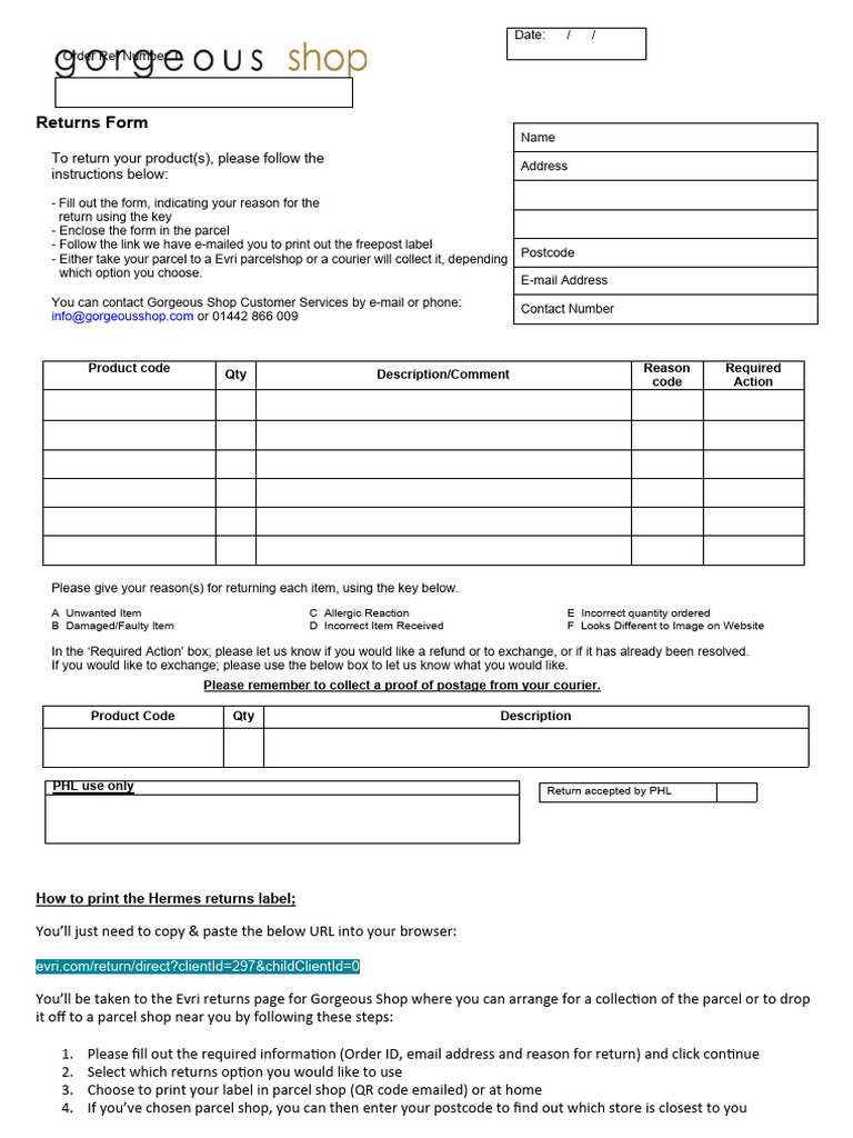 Gorgeous Shop Returns Form | PDF | Computing | Written Communication