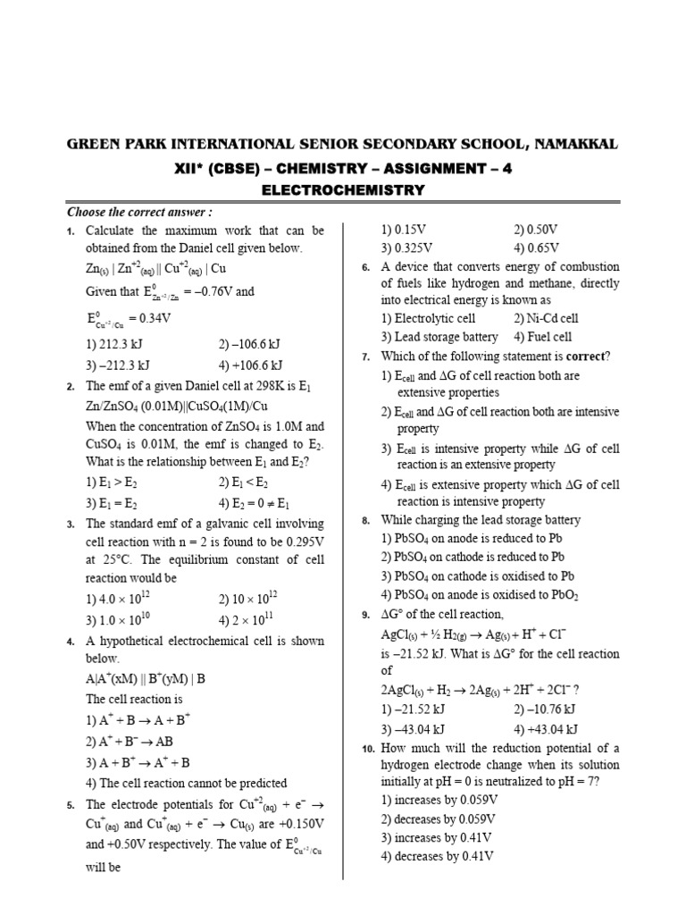 Electrochemistry Assignment: Class XII CBSE | PDF | Electrochemistry | Applied And ...