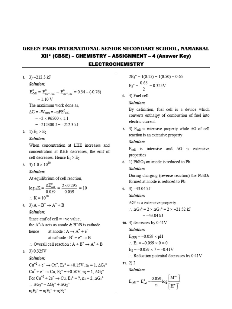 Xicbse Electrochemistry Asst 4 Ans | PDF | Electrochemistry | Redox