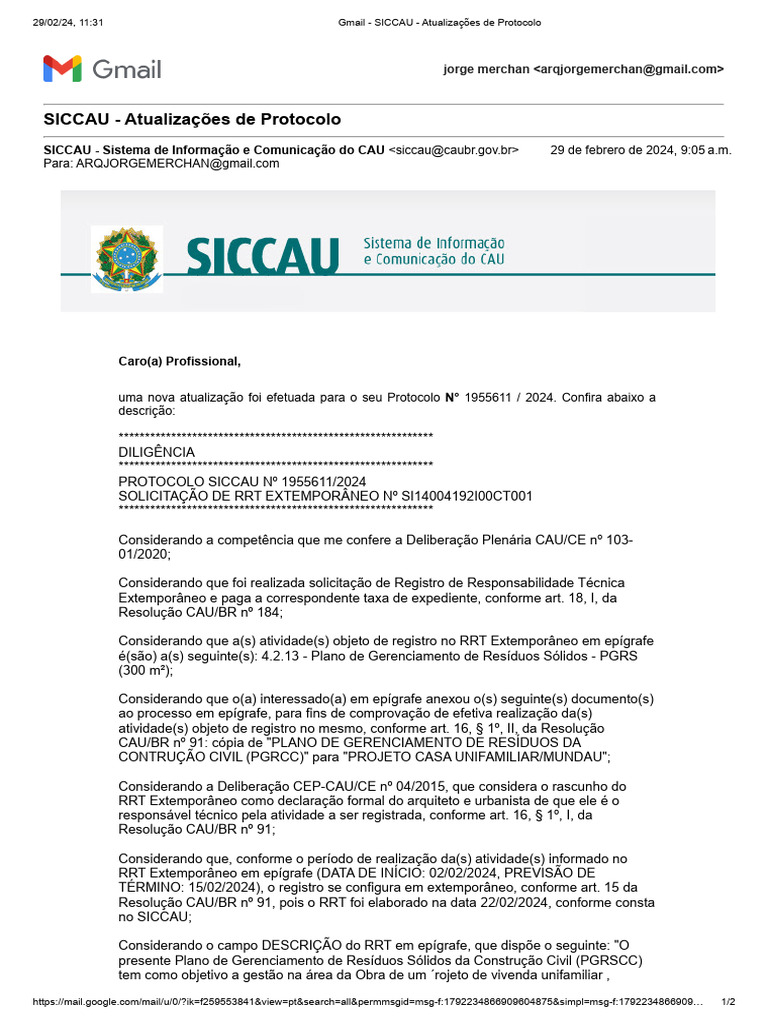 Gmail - SICCAU - Atualizações de Protocolo | PDF | Desperdício