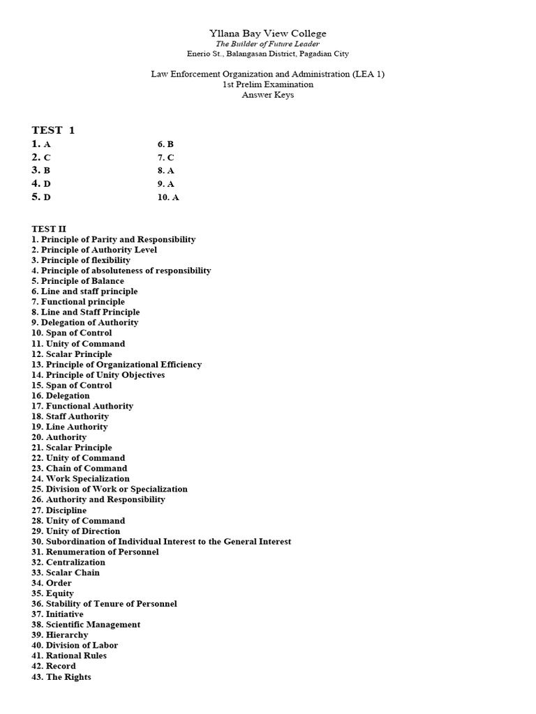 LEA 1 Answer Key Prelim | PDF | Police | Law Enforcement