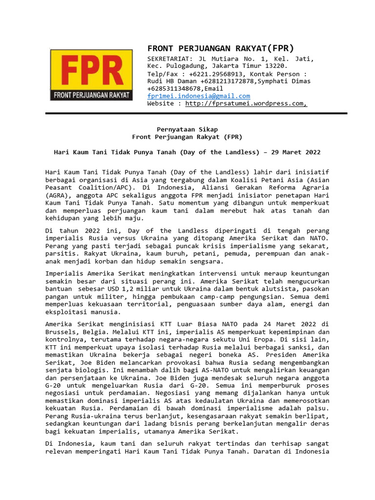 2022-FPR Pernyataan Sikap Day of The Landless | PDF