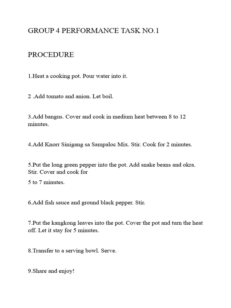 Group 4 Performance Task No.1 | PDF | Cooking, Food & Wine
