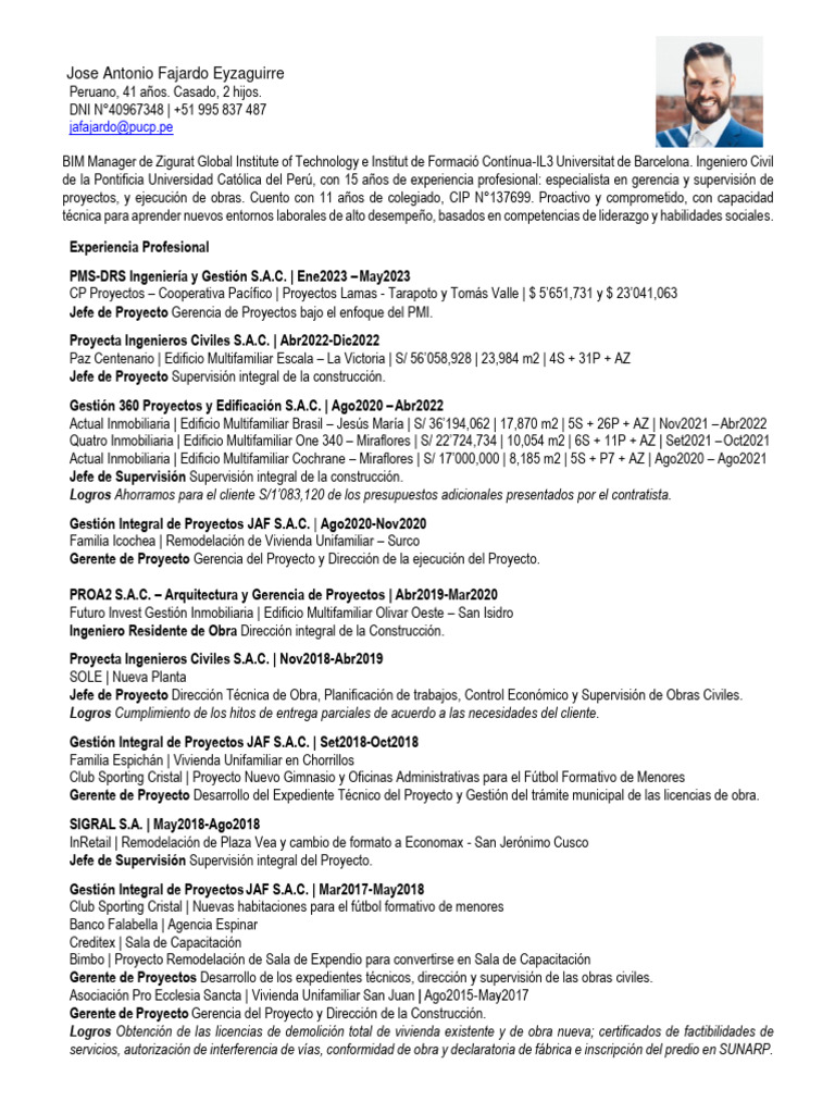 CV Jose Antonio Fajardo Eyzaguirre | PDF | Ingeniería