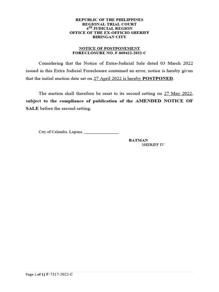Notice of Postponement Extra Judicial Sale | PDF