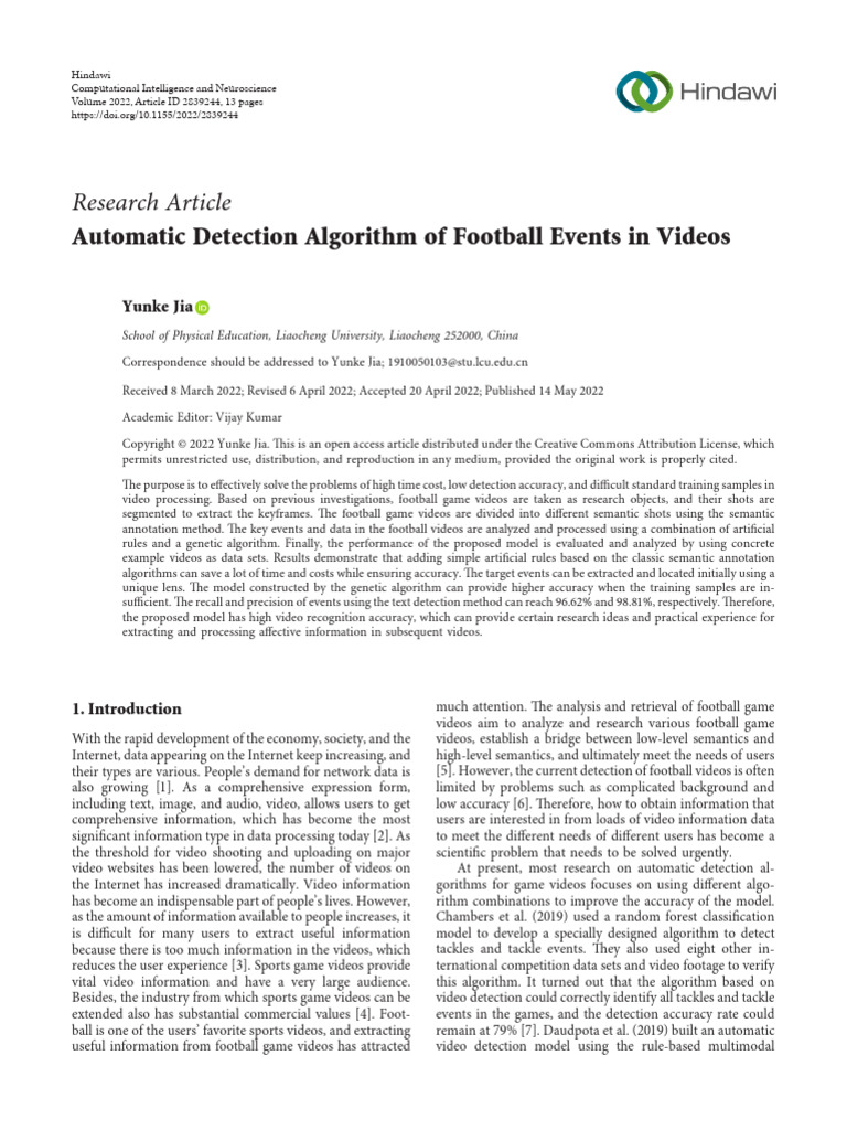 Research Article: Automatic Detection Algorithm of Football Events in Videos | PDF | Genetic ...