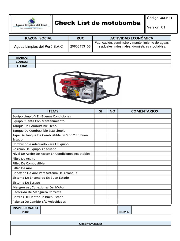 Check List de Motobomba | PDF