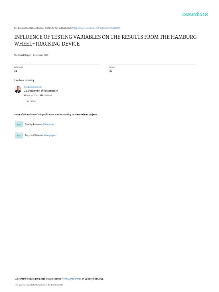 Influence of Testing Variables On The Results From The Hamburg Wheel ...