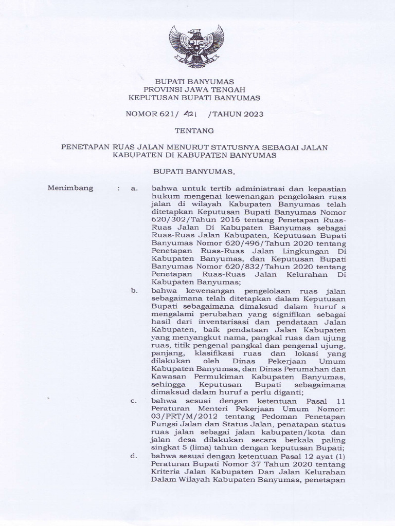 SK 621 - 421 - Tahun 2023 Tentang Penetapan Ruas Jalan Menurut Statusnya Sebagai Jalan Kabupaten ...