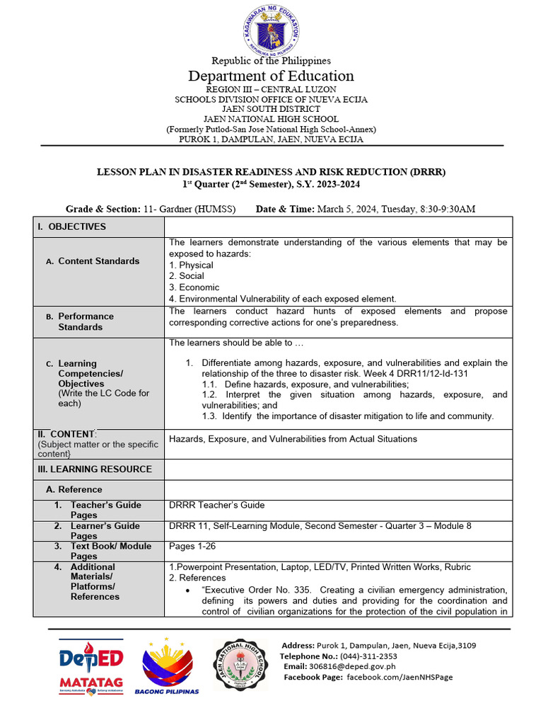 Lesson Plan DRRR Week 6 3rd Quarter 2023 | PDF | Hazards | Vulnerability