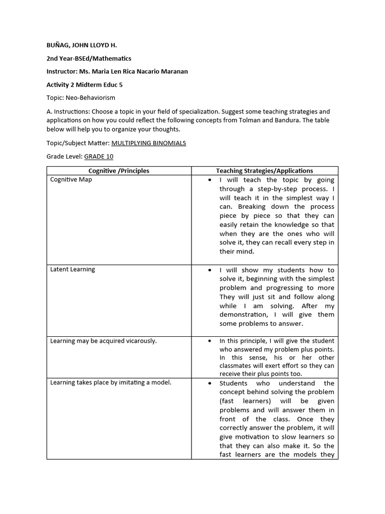 Activity 2 Midterm Educ 5 BUÑAG | PDF | Learning | Self Efficacy