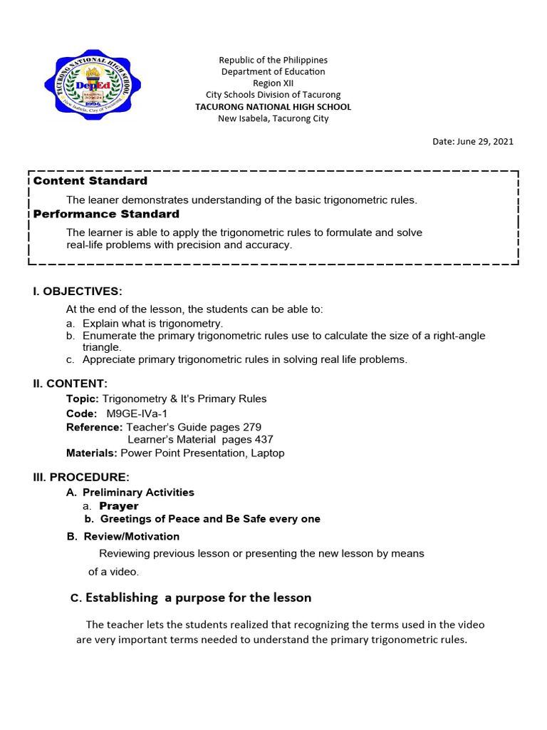 LESSON PLAN MATHEMATICS | PDF | Trigonometry | Triangle