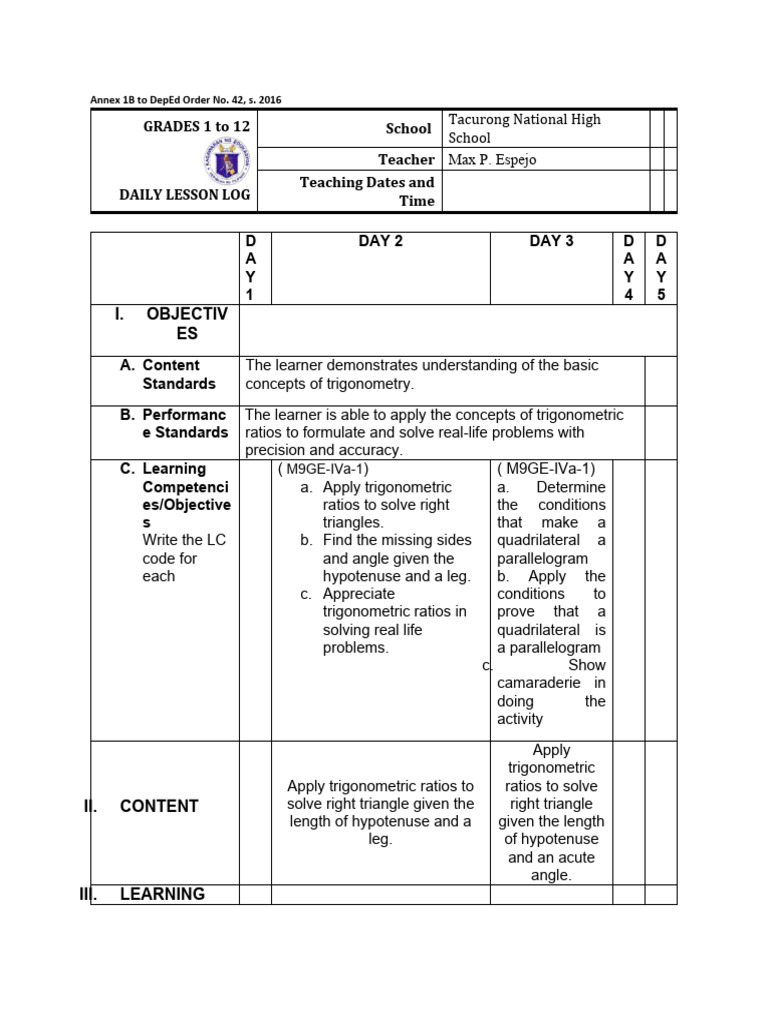 Daily Lesson Plan Mathematics | PDF | Trigonometry | Triangle