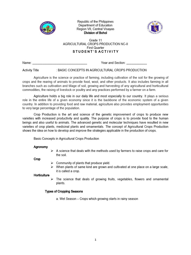 Activity No. 1 (Basic Concepts in Agri. Crops Production) | PDF | Soil ...