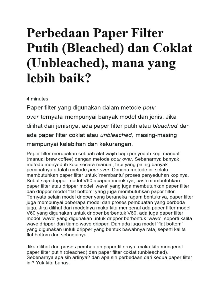 Perbedaan Paper Filter Putih (Bleached) Dan Coklat (Unbleached) | PDF