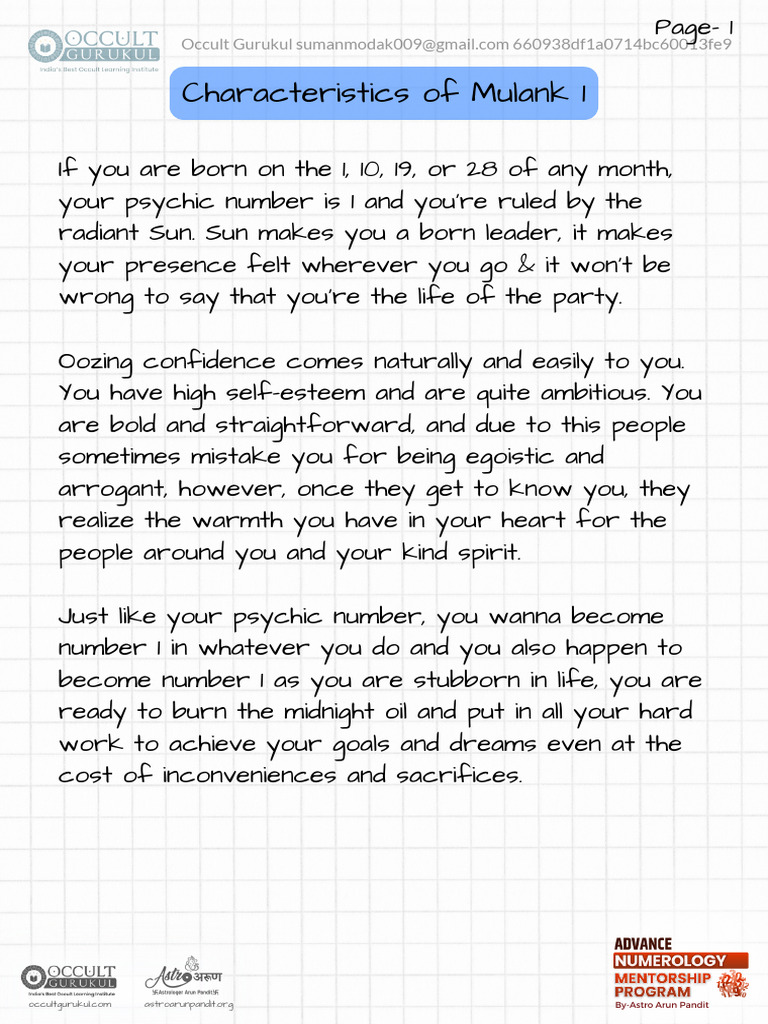 Traits and Characteristics of Mulank 1 | PDF | Feeling | Thought