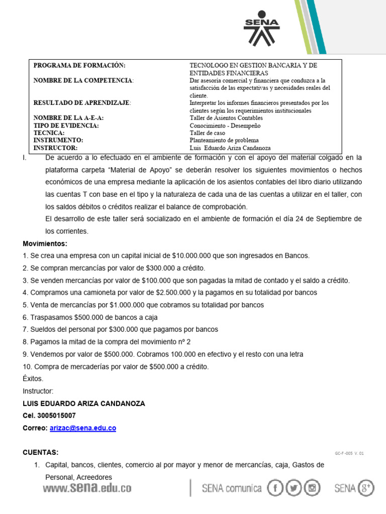 Taller Asientos Contables | PDF | Bancos | Contabilidad Taller Asientos Contables | PDF | Bancos | Contabilidad