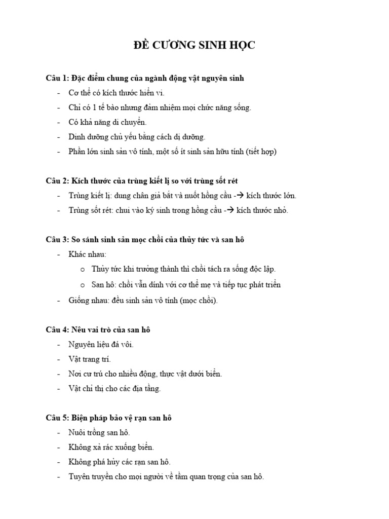 ĐỀ CƯƠNG SINH HỌC - HK1 | PDF