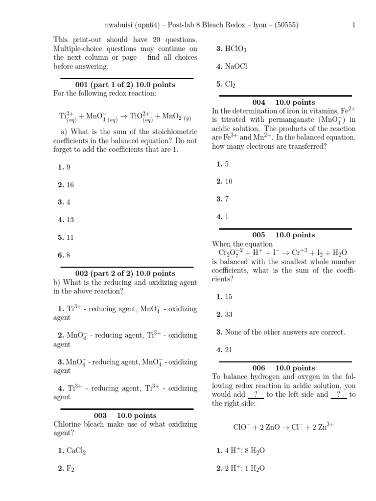 Chemistry Redox Quiz | PDF | Redox | Chemical Reactions