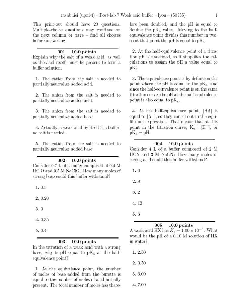 Post-Lab 7 Weak Acid Buffer-Problems | PDF | Acid | Buffer Solution